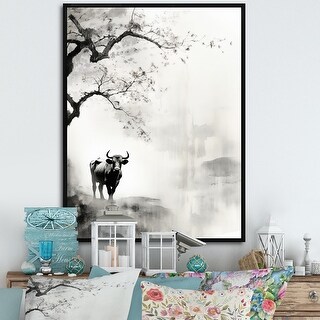 Designart "Asian Art Cow Sumi XV" Asian Art Framed Canvas Art Print ...