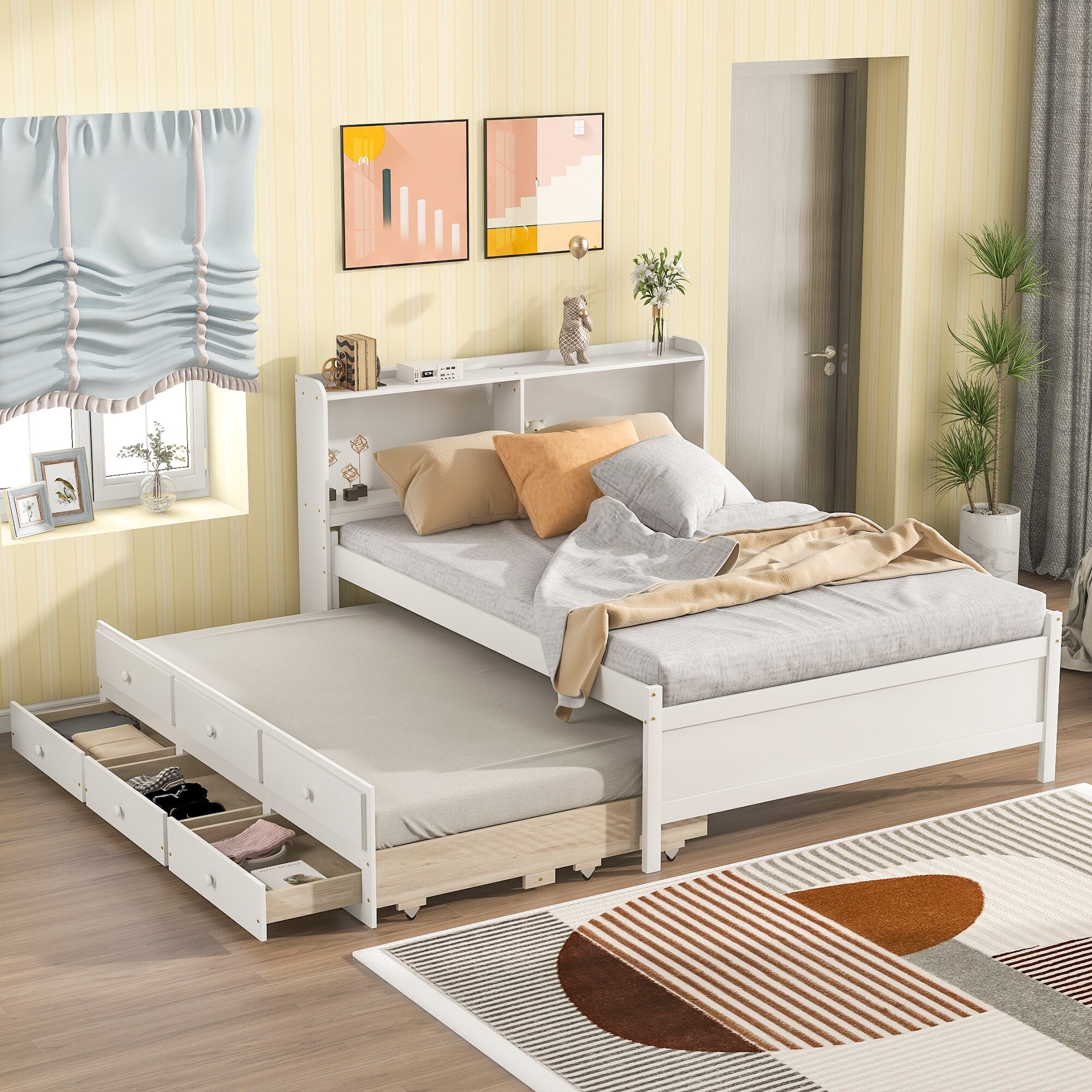 Full Bed Modern Bedroom Wood Kids Beds with Bookcase Storage Headboard Pull out Trundle Bed and Drawers for Guest Bed Bath Beyond 37354231