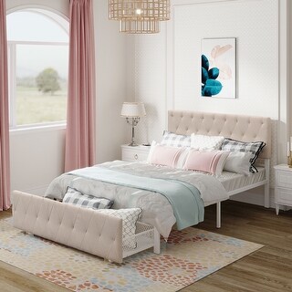 57" Width Full Size Storage Metal Bed, Linen Fabric Upholstered ...
