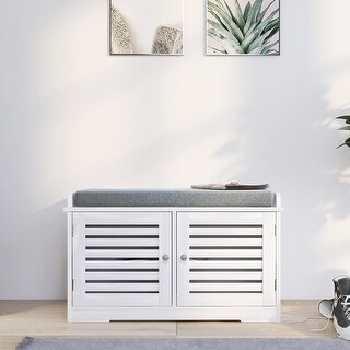 White Entryway Storage Shoe Bench with Padded Cushion Seat and 2 ...