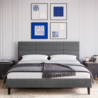 Grey King Size Bed Frame with Upholstered Headboard and Wooden Slats ...