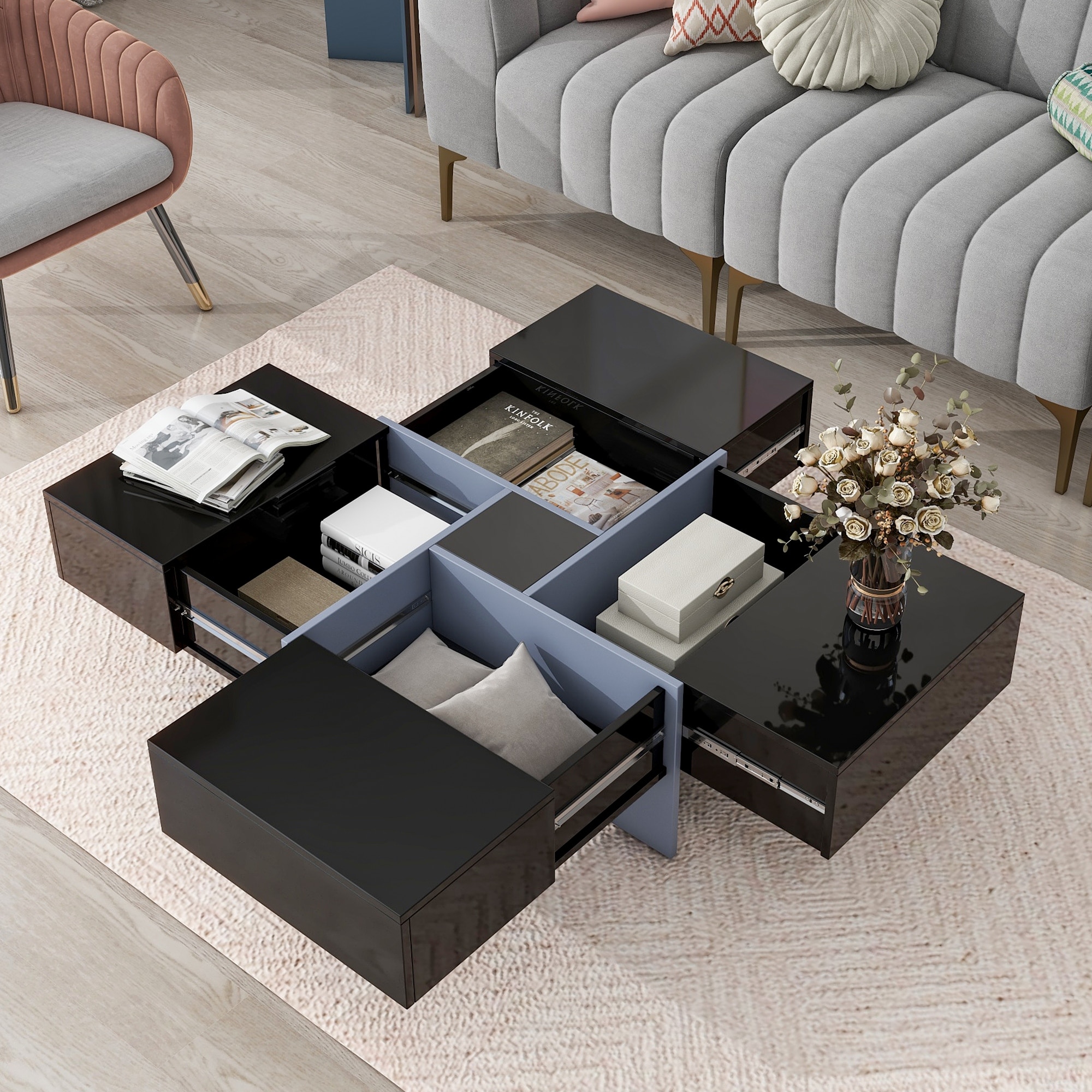 Modern Square Coffee Table w 4 Hidden Storage Cocktail Table with Extendable Sliding Tabletop High Gloss Design Center Table On Sale Bed Bath Beyond 39780845