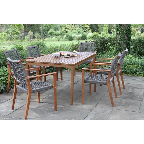 Eilaf 7-Piece Eucalyptus Dining Set With Stacking Rope Dining Chairs ...