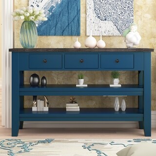 Blue Rustic Pine Console Table, 3 Drawers, 2 Layers Shelves - Bed Bath ...