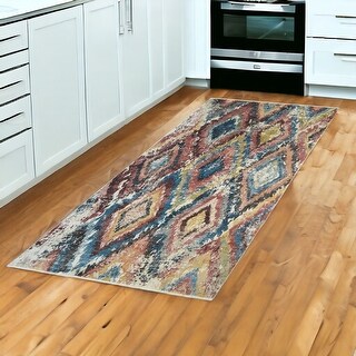 8feet Blue Geometric Distressed Runner Rug With Fringe - 8' Runner ...