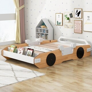 Twin Size Car Bed Frame, Wood Platform Bed w/Wheels and Storage, Race ...