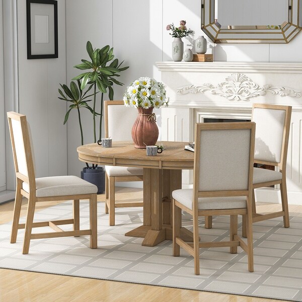 Farmhouse 5 Piece Oval Dining Set with Extendable Round Table and High Back Upholstered Chairs for Dining Room On Sale Bed Bath Beyond 38447326