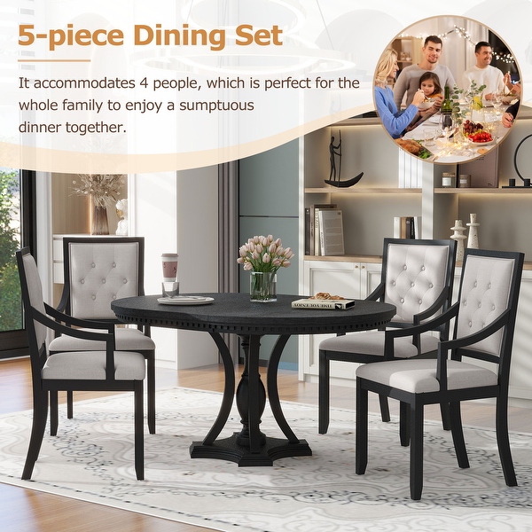 LELATTRADE 5 Piece Extendable Round Dining Table Set with A 16 W Leaf 4 Upholstered Arm Chairs Kitchen Dining Room Set Black