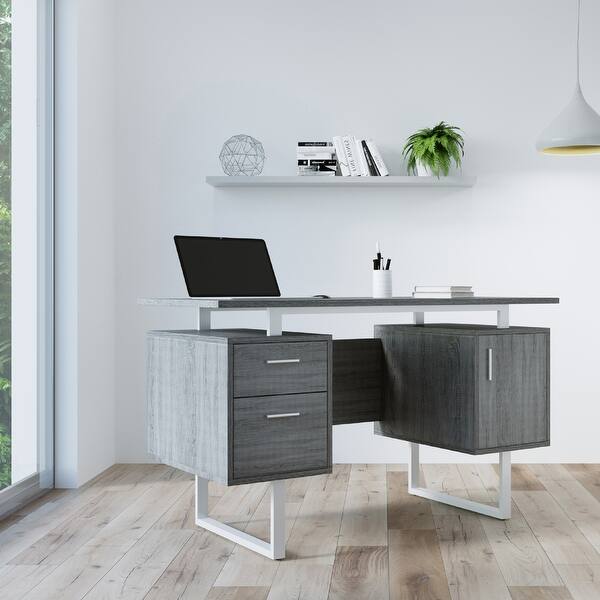 Deluxe Stylish Modern Grey Computer Desk with Storage - On Sale - Bed ...
