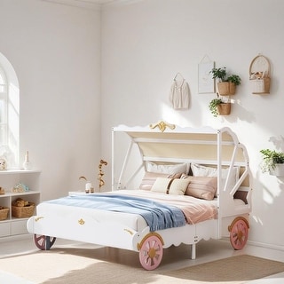 Full Size Princess Carriage Bed with Canopy, Wood Platform Car Bed with ...