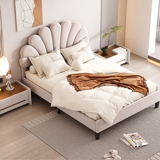 Beige Full Platform Bed Frame Velvet Tufted Wave Headboard Design ...