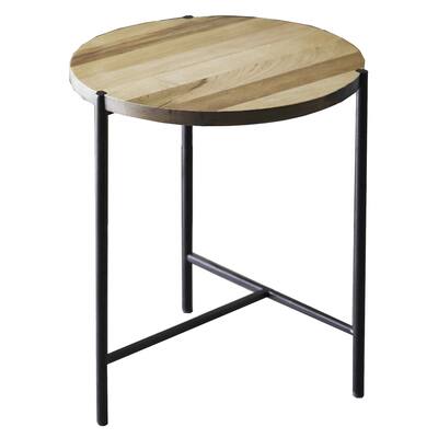 Round Wood and Metal Frame End Table with Tubular Legs, Brown and Black ...