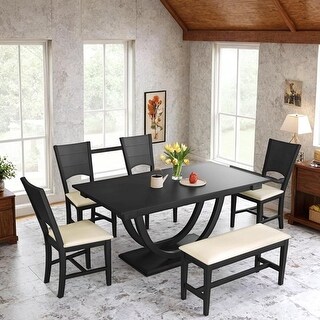 6-Piece Wood Half Round Dining Table Set with Long Bench and 4 Dining ...