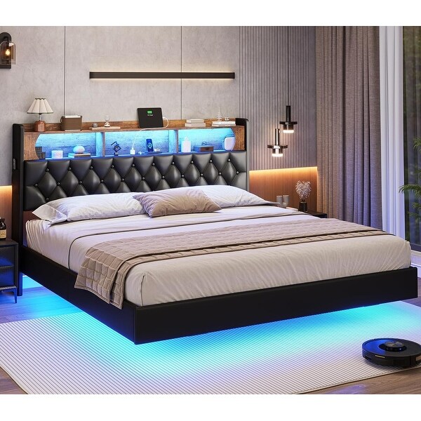 Floating Bed Frame LED Lights USB Ports Low Profile Faux Leather - On ...