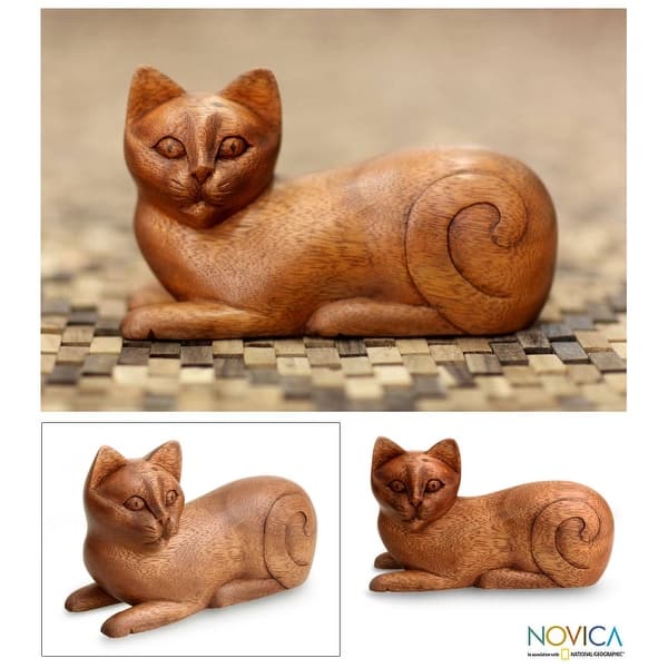 Novica Handmade Balinese Cat Wood Sculpture - 5" H x 8" W x 2.6" D ...
