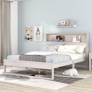 Antique White Queen Size Modern Rustic Platform Bed, Socket & USB ...