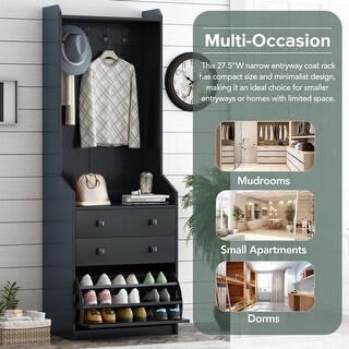 Narrow Black Hall Tree with Flip Drawer and Adjustable Shoe Storage ...