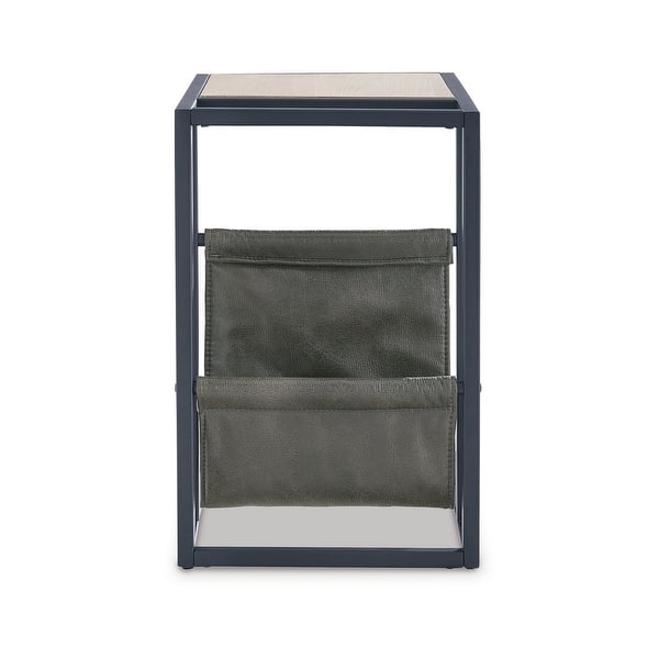 22 Inch Side End Table, Faux Leather Magazine Basket, Black C-Shaped ...