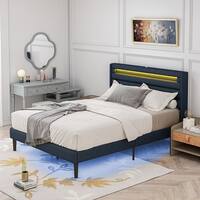 Queen Size Dark Blue Bedframe with LED Bedside Induction Light Wrapped ...