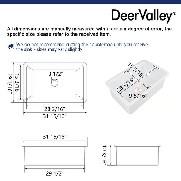 DeerValley Glen 32" x 19" Fireclay Rectangular Undermount Kitchen Sink ...