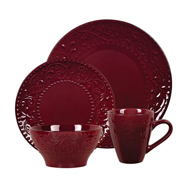 Lorren Home Trends 16 Piece Stoneware Scroll Dinnerware Set-Merlot ...
