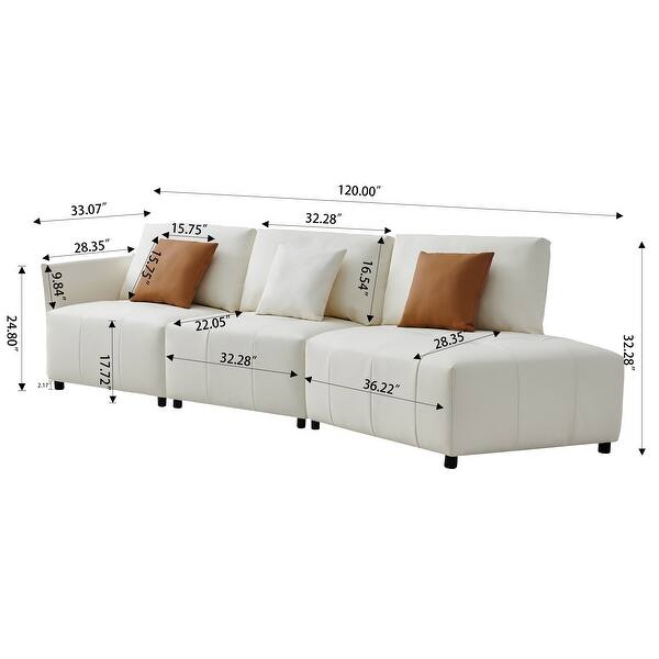 Tufted Seat Cushion Couch Genuine Leather Sofa w/ Throw Pillows, Beige ...