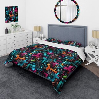 Designart "Popart Neon Grid Groove" Modern Bed Cover Set With 2 Shams ...