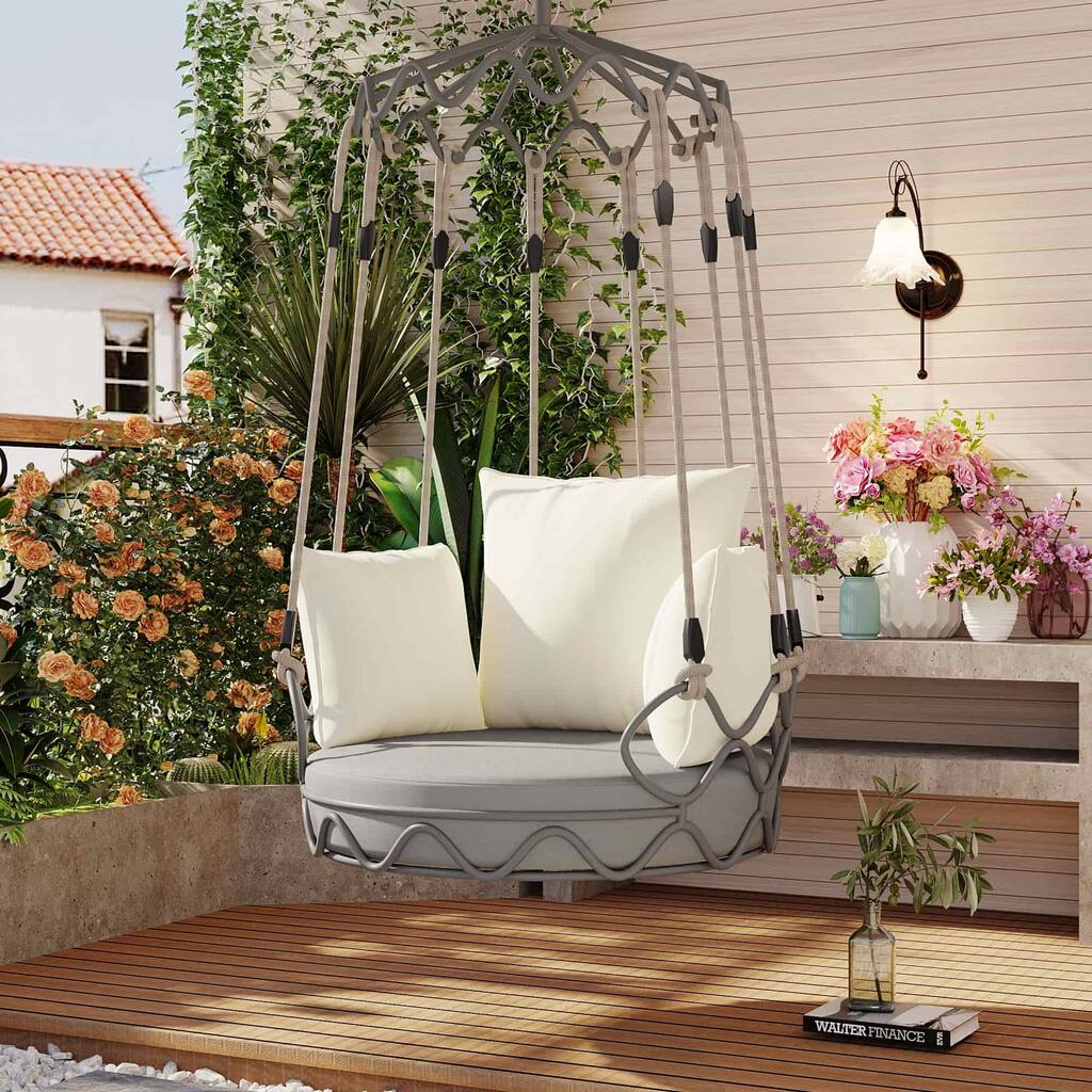 Outdoor Porch Hanging Basket Swing Chair with Olefin Fabric Cushion ...