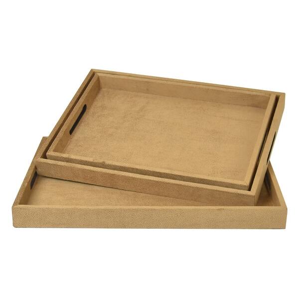Plutus Brands Wood Tray Set Of 3 in Brown PU-Faux Leather - Bed Bath ...
