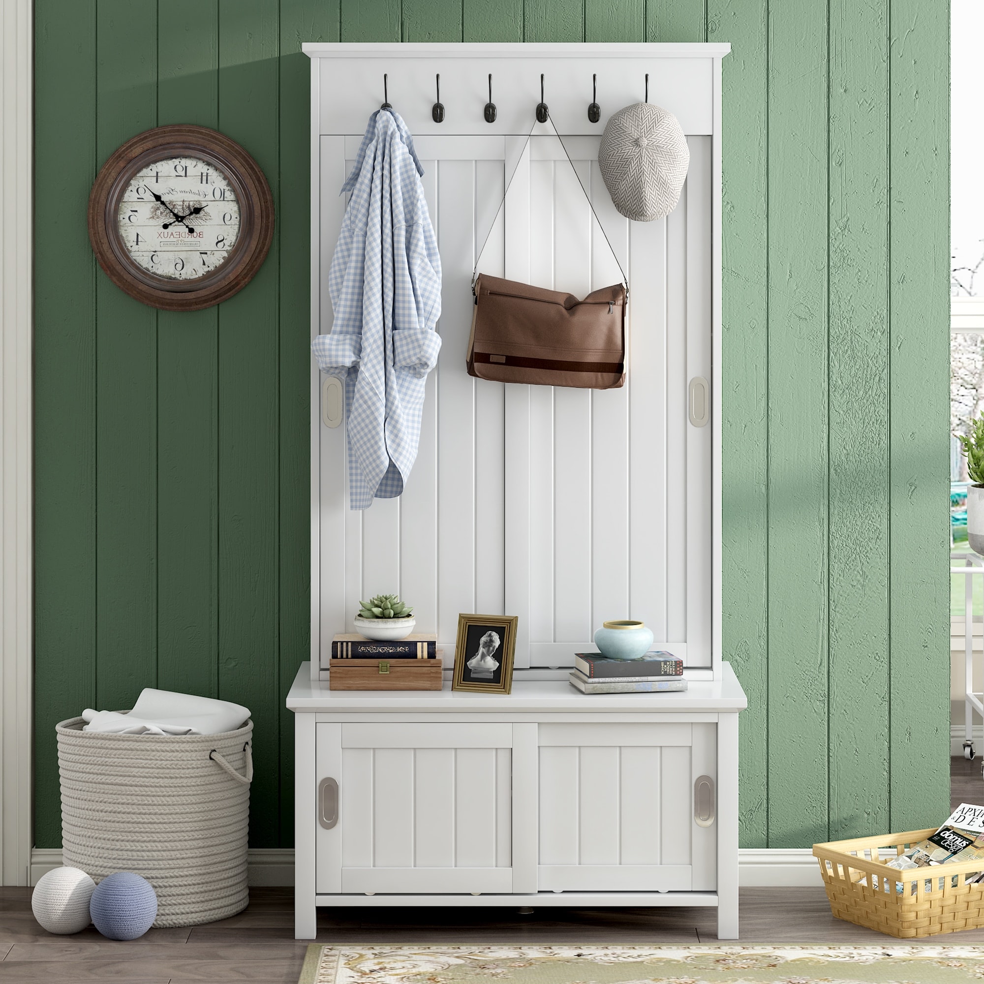 Wooden Hall Tree with Sliding Doors and Hanging Hooks - Bed Bath ...