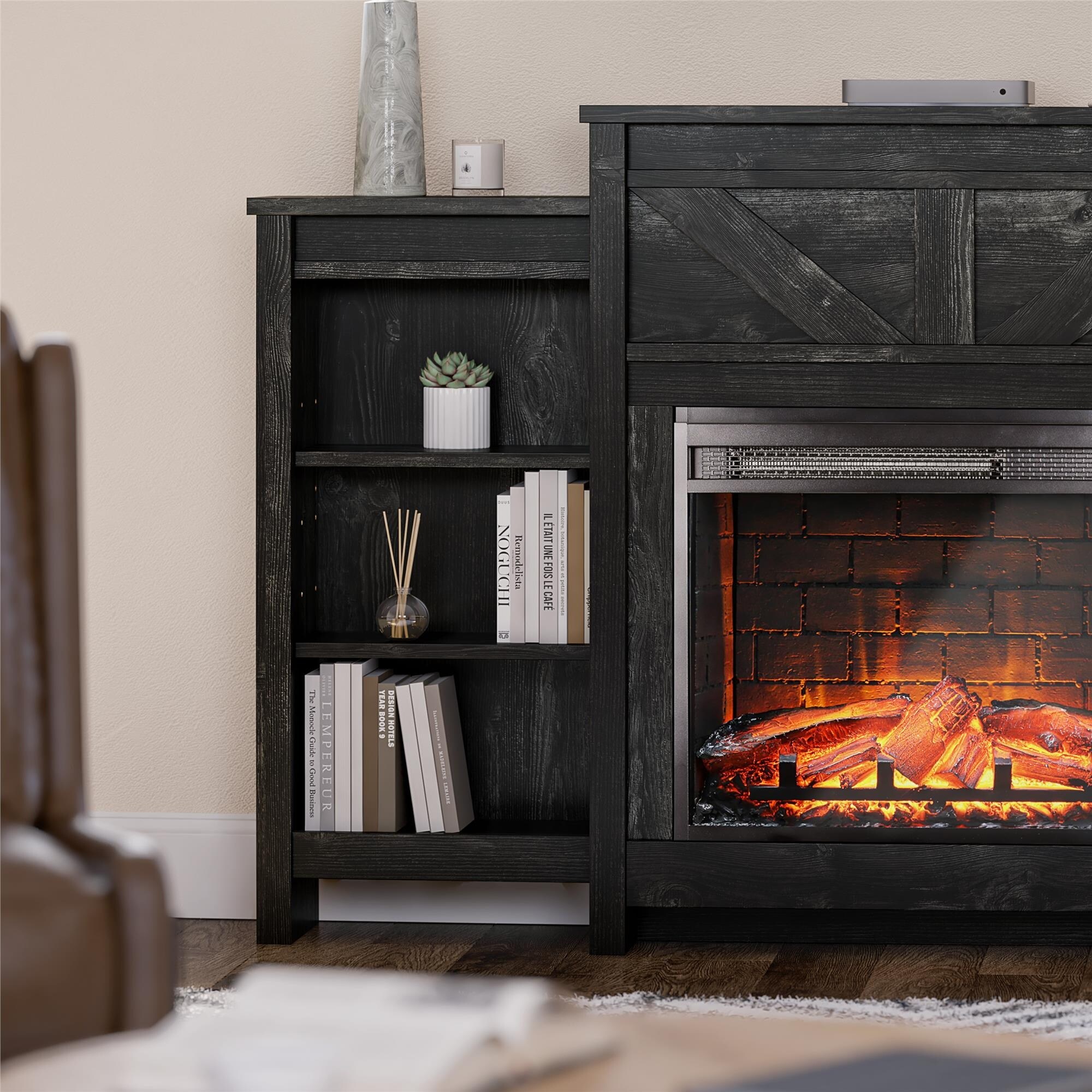 Copper grove gordon black color changing fireplace with bookcases store
