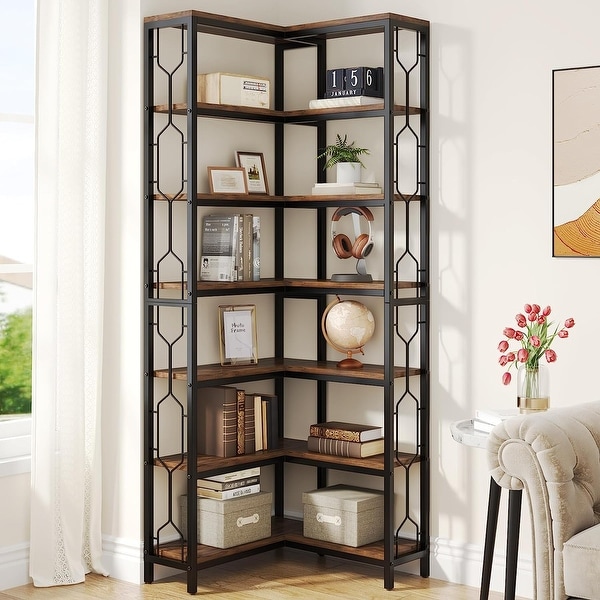 7-Shelf Corner Bookshelf, Large Industrial Corner Bookcase Corner Shelf ...