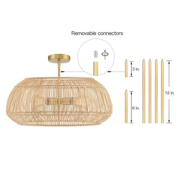 4 - Light Rattan Pendant Chandelier with Brass Canopy - 22 in - Bed ...