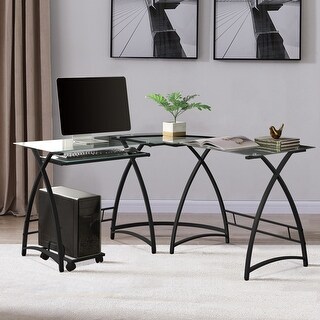 Topcraft L-Shaped Glass Computer Desk with a Holder, Clear & Black ...