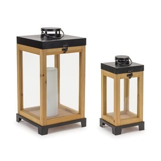 Wood Box Lantern on Metal Stand (Set of 2) - Bed Bath & Beyond - 38392484