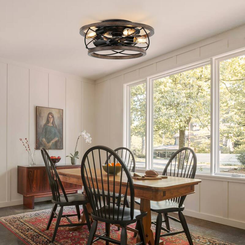 18" Rustic Wood Caged Ceiling Fan, 3-Speed Reversible Flush Mount ...