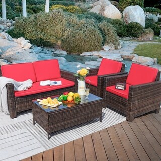 4-Piece Wicker Outdoor Patio Indoor Conversation Set with Cushions ...
