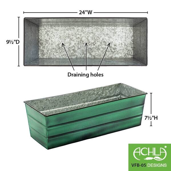 Achla Designs Medium Galvanized Steel Flower Box, 24 Inch Wide, Green ...