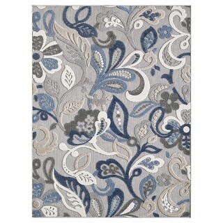 Blue Gray Jacobean Floral Indoor Outdoor Area Rug - 6'7"x9' - Bed Bath ...