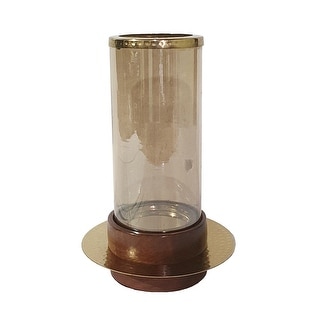 11 Inch Glass Hurricane Candle Holder, Acacia Wood, Small, Gold FInish ...