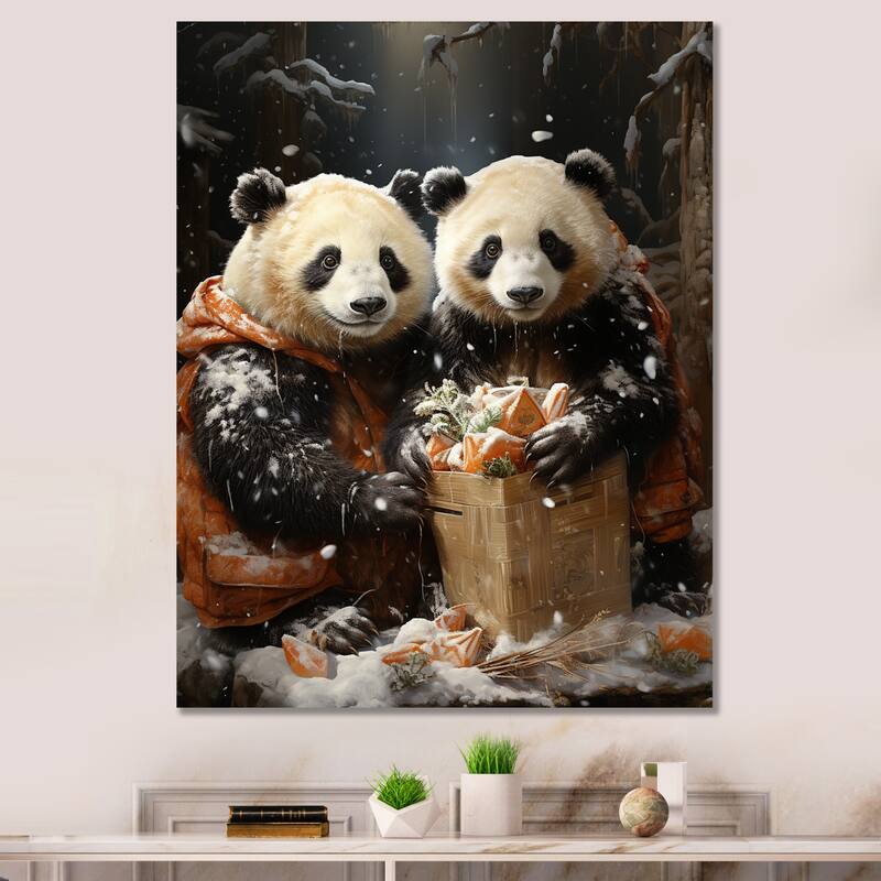 Designart "Snowy Bamboo Panda Party" Panda Wall Art Black - Modern ...