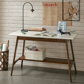 White Glossy Wood Veneer Legs 1 Drawer with Foot Rack Writing Desk ...