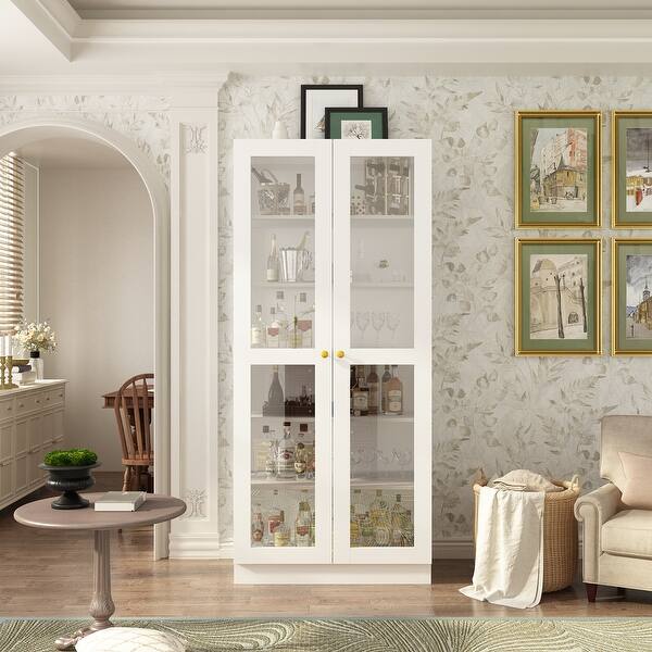 Bookcase Display Cupboard Curio Cabinet 2 Glass Door White Lacquer - 70 ...