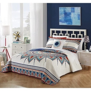 4 Piece Cotton Blue White Boho Geometric Reversible Quilt Set - Bed ...