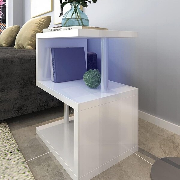 3 Tier S Shaped End Table High Gloss Side Table With Open Storage Shelf And USB Power Supply White LED Coffee Table Bed Bath Beyond 41236958