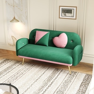 Sloped Velvet Fabric Loveseat Sofas w/ Contrast color Pillow, Green ...