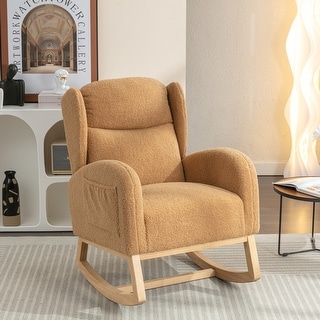 Modern Teddy Fabric Home Rocking Chair with Wood Leg, Tufted High Back ...