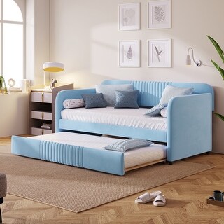 Light Blue Upholstered Bed Frame Twin Daybed w/ Pull-out Twin Size Bed ...