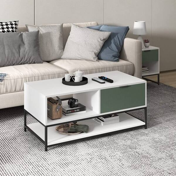 White and Green Wood Coffee Table Steel Frame with Shelves and Drawer ...
