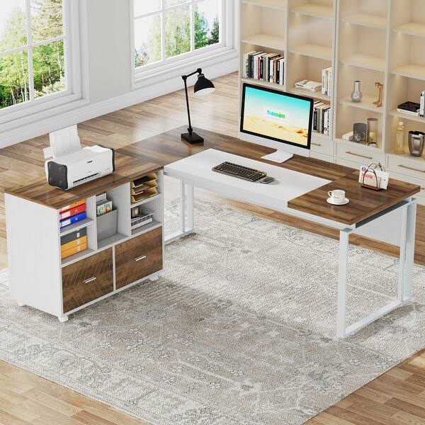 63" Modern Executive Computer Desk with Oak and White Finish, 5FT Home ...
